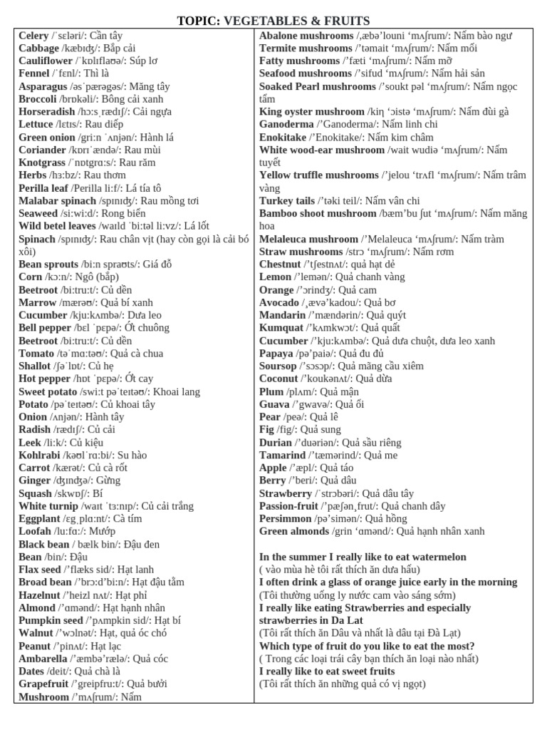 Topic - Vegetables & Fruits | PDF