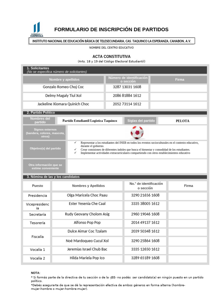 Formulario de Inscripción de Partidos Estudiantiles | PDF | Votación ...