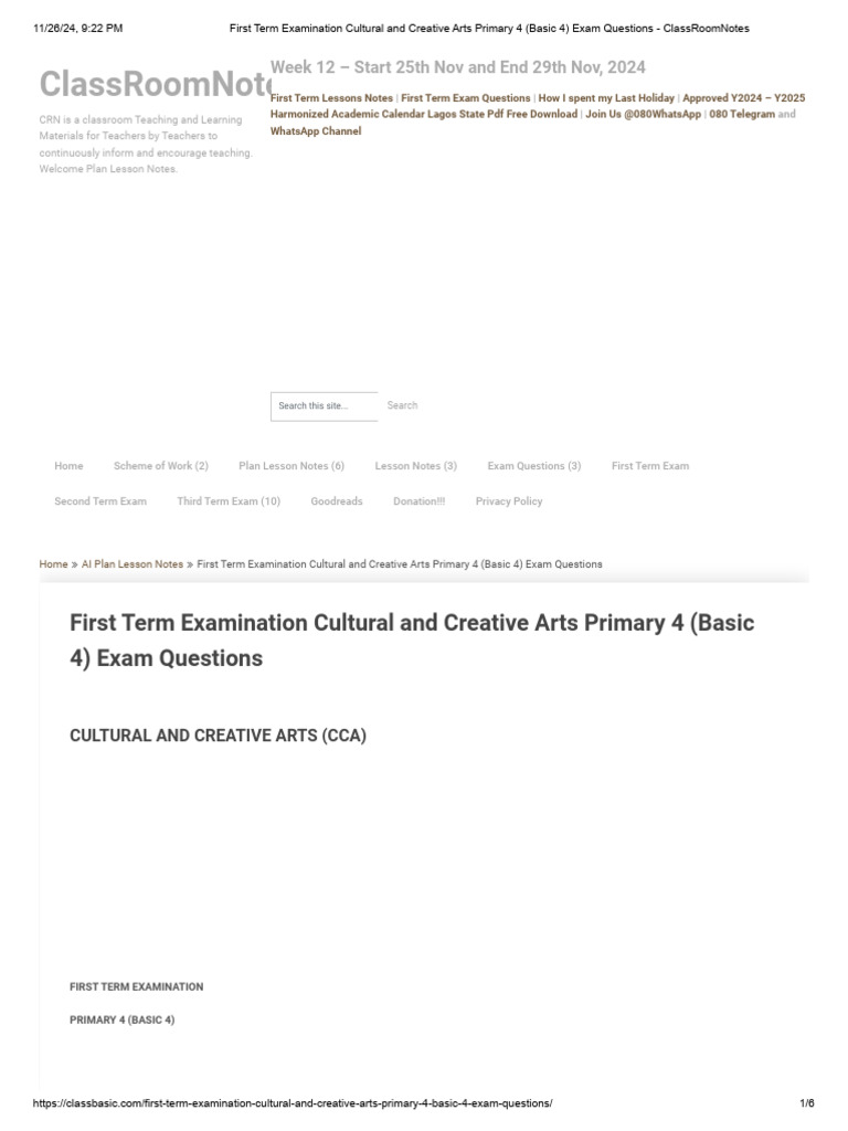 First Term Examination Cultural and Creative Arts Primary 4 (Basic 4 ...