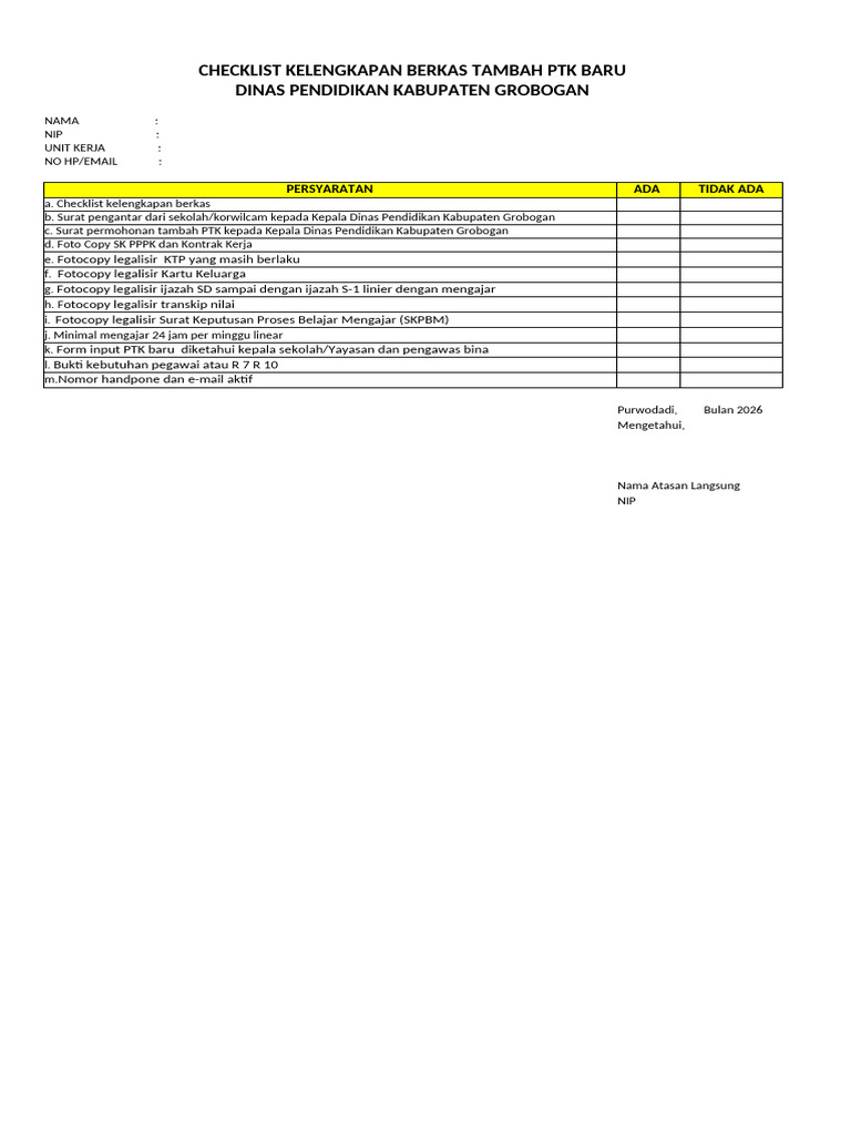 Checklist Berkas Tambah PTK Grobogan | PDF