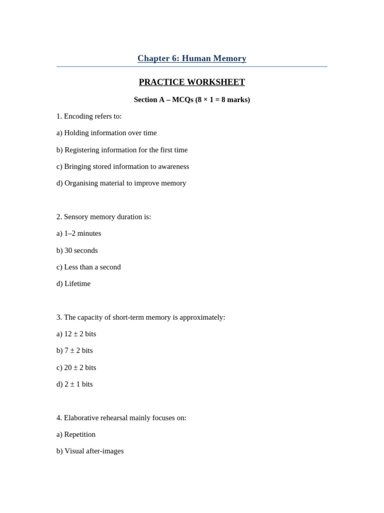 Human Memory Practice Worksheet | PDF | Memory | Recall (Memory)