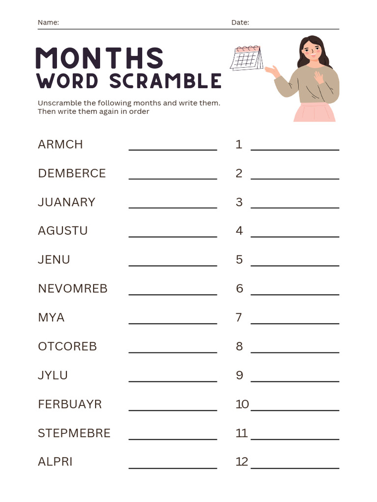 Months Word Scramble Worksheet in Colorful Simple Style | PDF