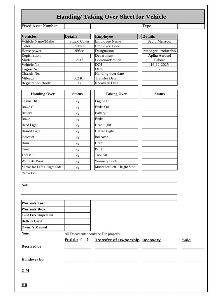 Vehicle Handover/Takeover Checklist | PDF | Transport | Automotive Industry