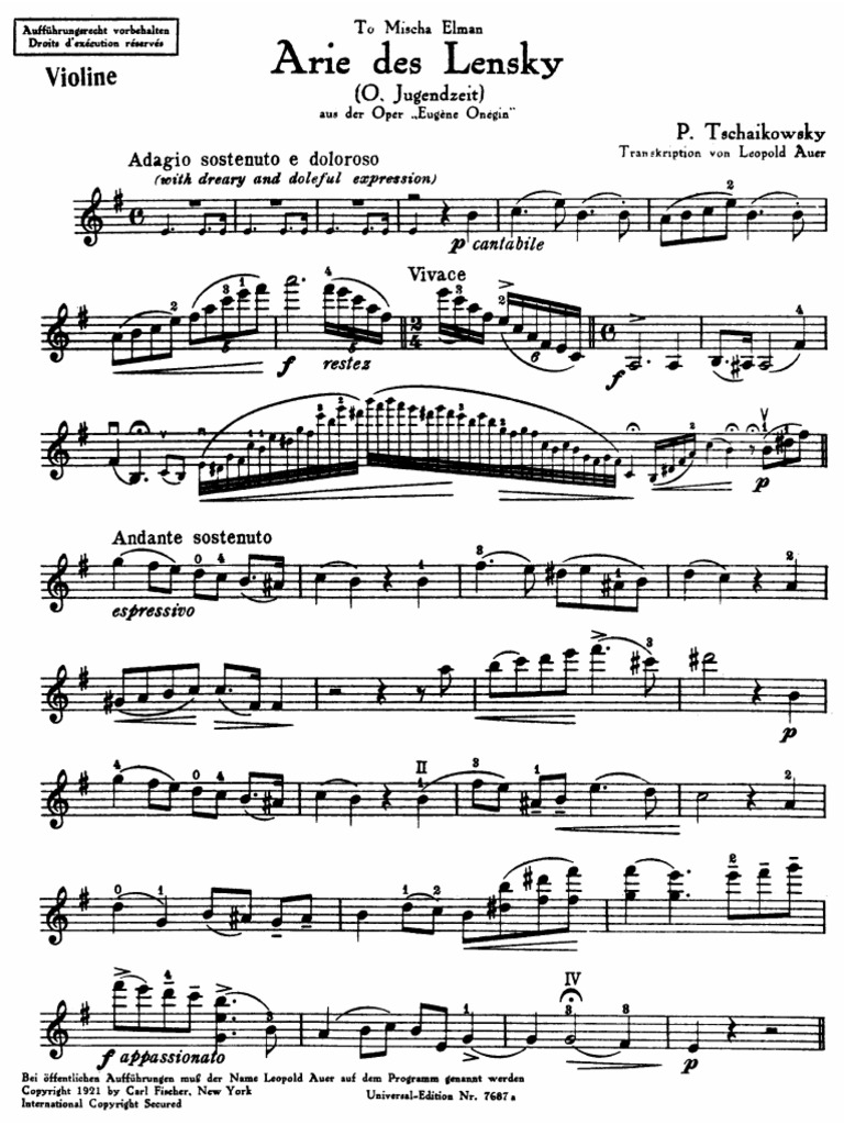 Tchaikovsky Lensky Aria - Violin Part | PDF