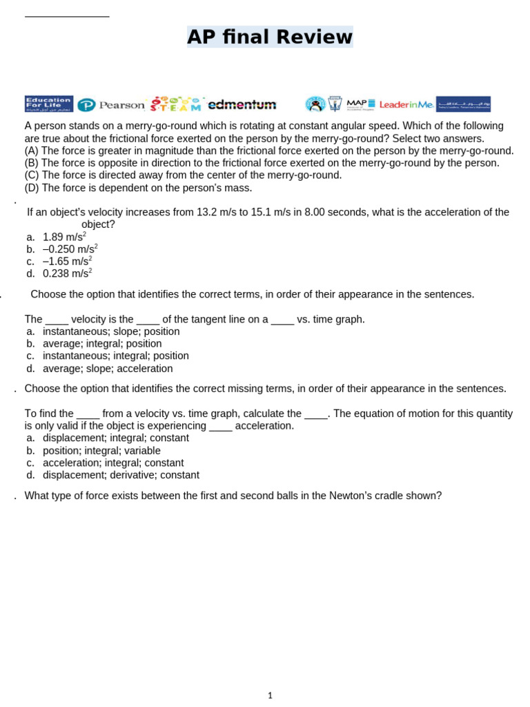 AP Final Review | PDF | Force | Velocity