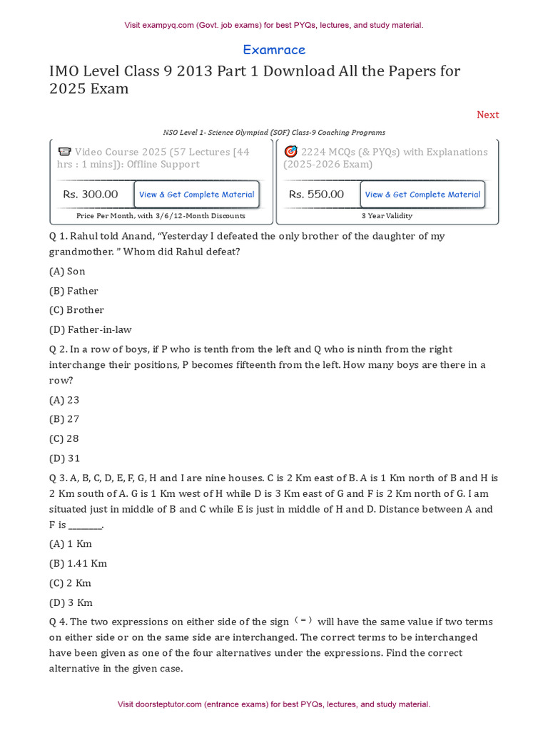 IMO Level 2 Class 9 Exam Papers 2025 | PDF