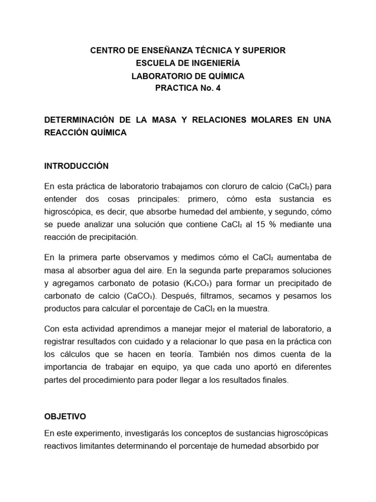 Masa y Relaciones Molares en Reacciones Químicas | PDF | Mole (Unidad ...