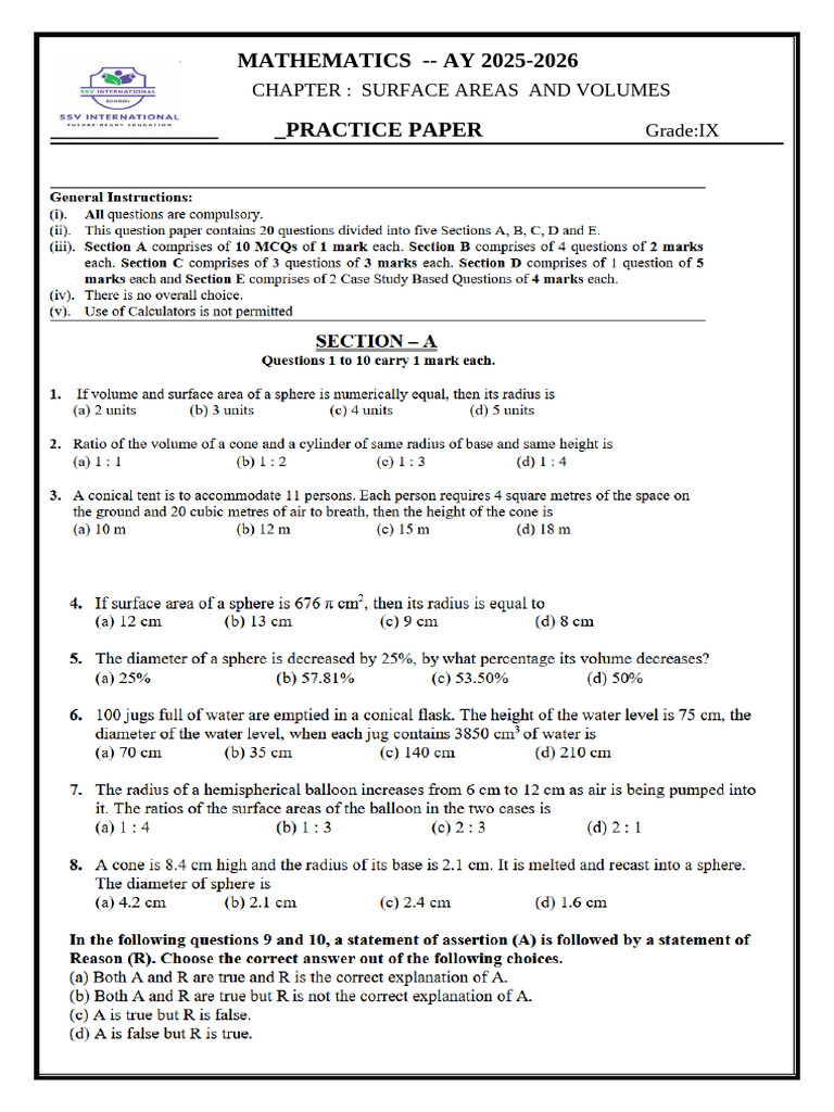 Grade IX Surface Areas & Volumes Practice | PDF
