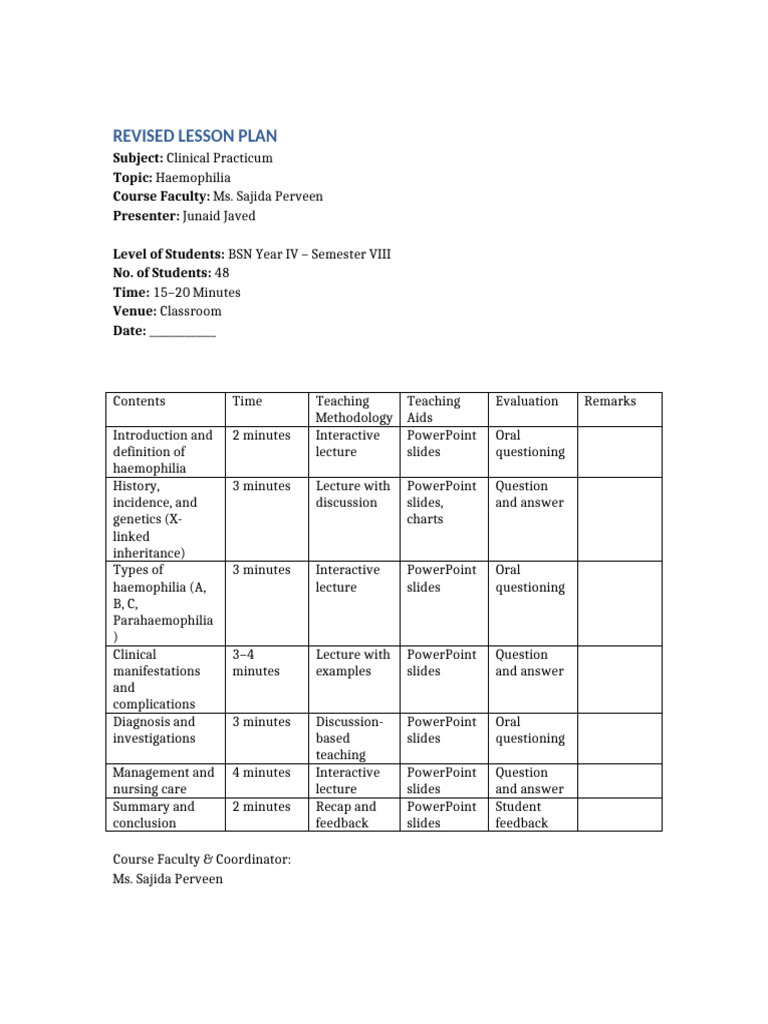 Revised Lesson Plan Haemophilia With Table Borders | PDF