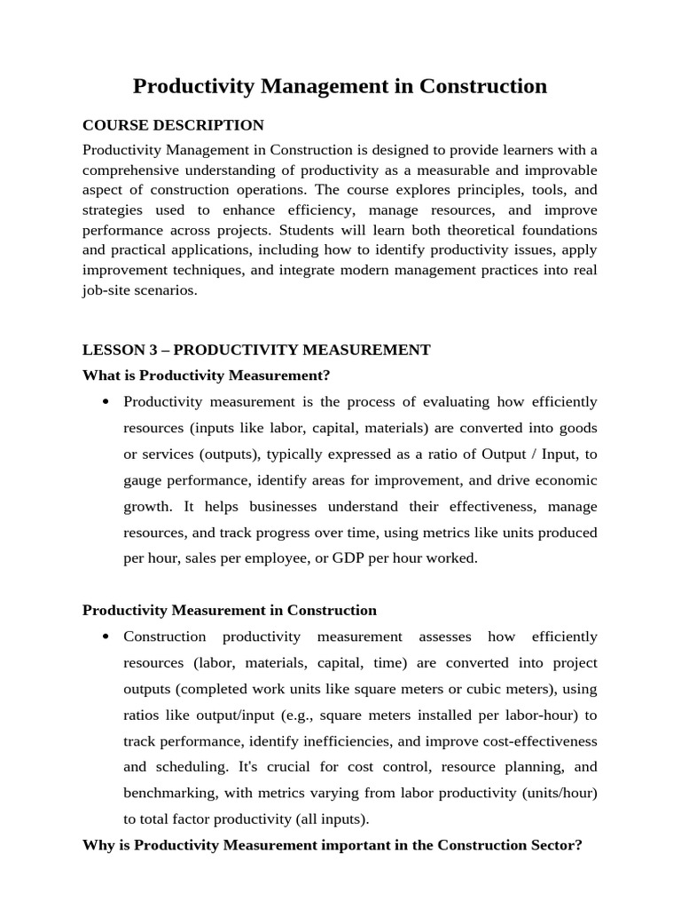 Productivity Management in Construction - Lesson 3 & 4 | PDF ...