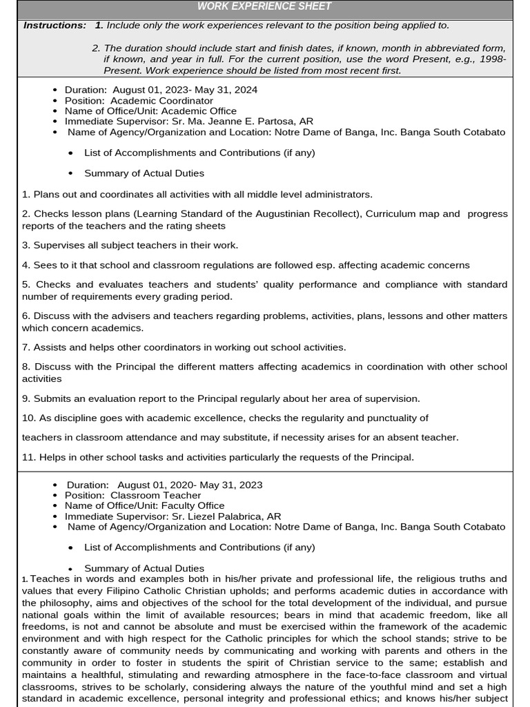 CS Form No. 212 Attachment - Work Experience Sheet | PDF | Teachers ...