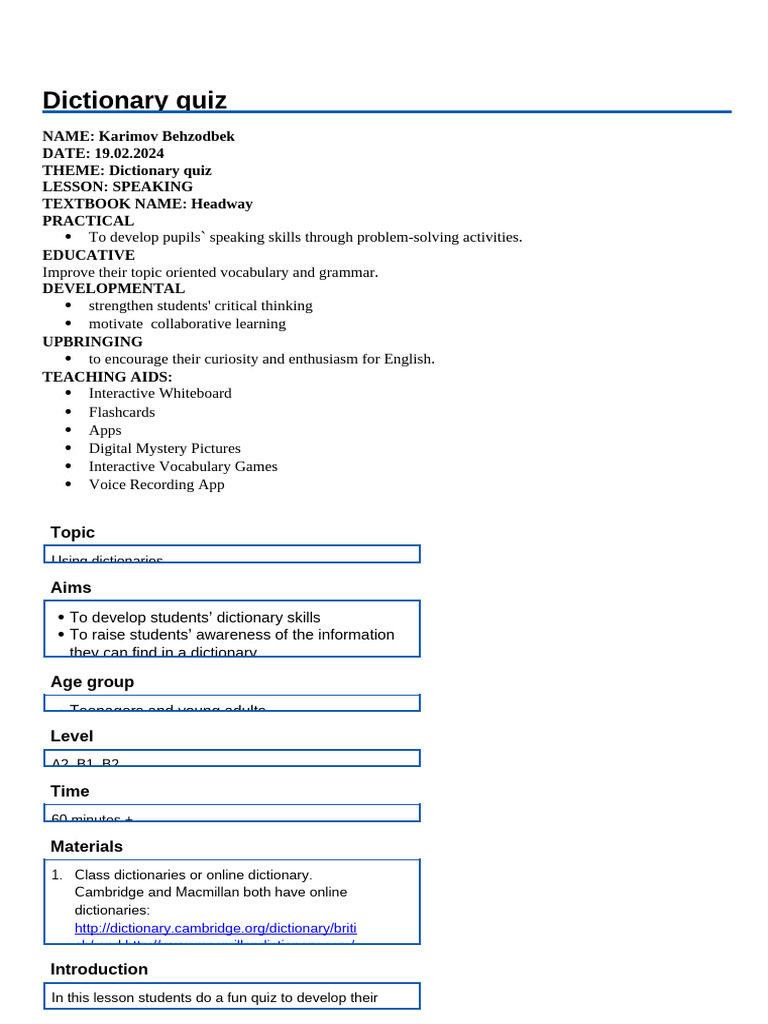 Dictionary Skills Quiz for Teens | PDF | Behavior Modification ...