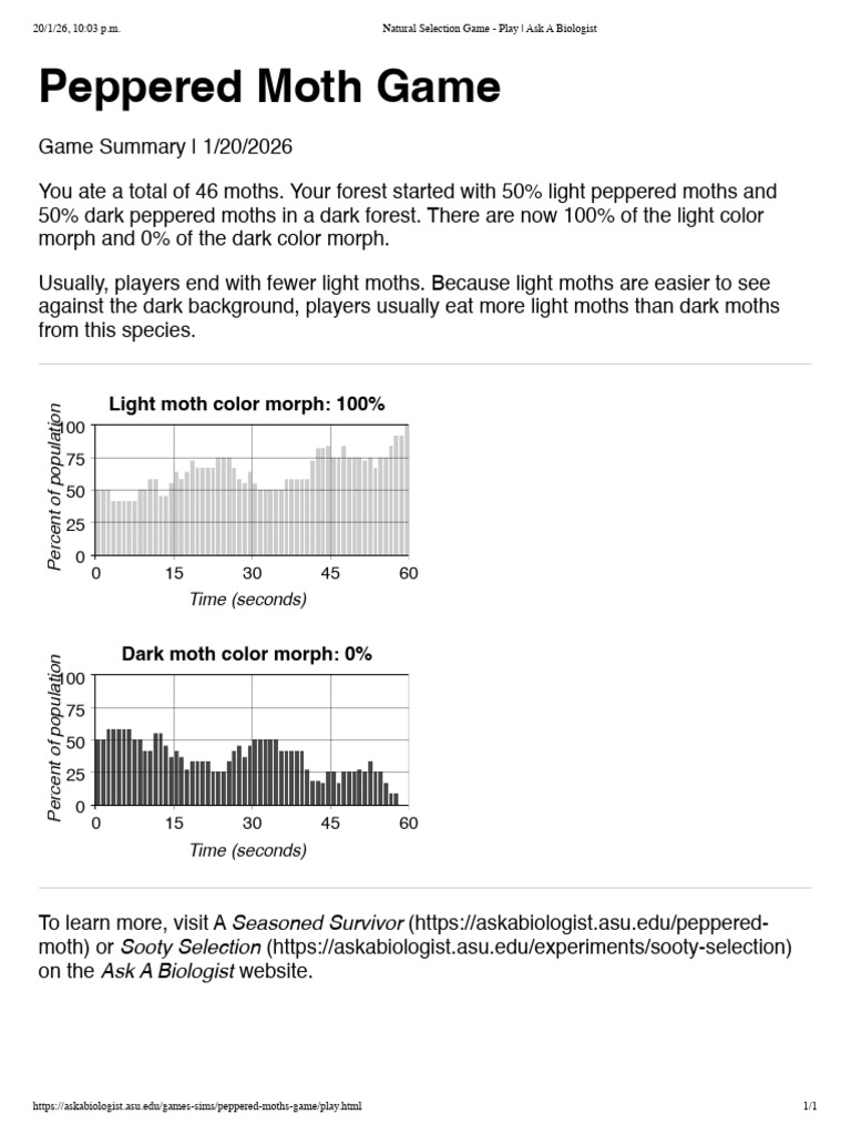 2 BLACK Natural Selection Game - Play - Ask A Biologist | PDF