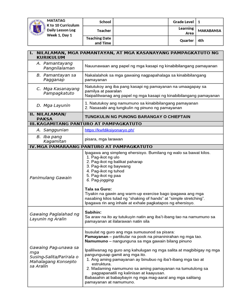 Makabansa1 Q4 Week 1 Day 1 | PDF