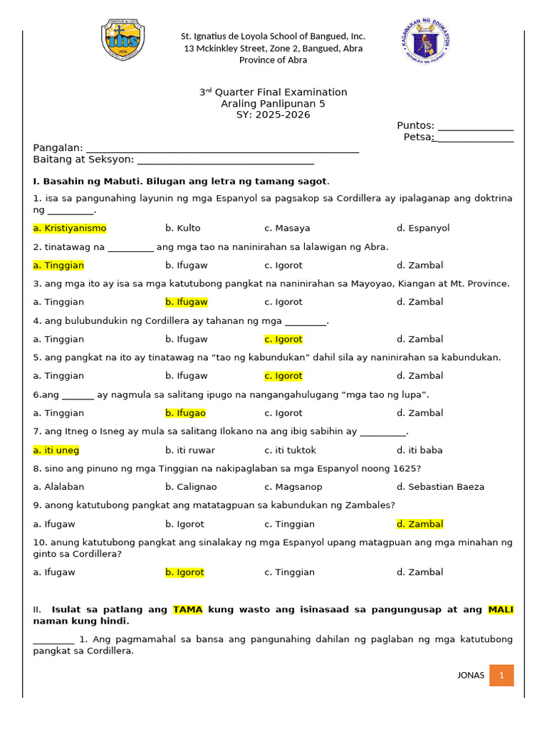 3rd Quarter Final Examination AP 5.... | PDF