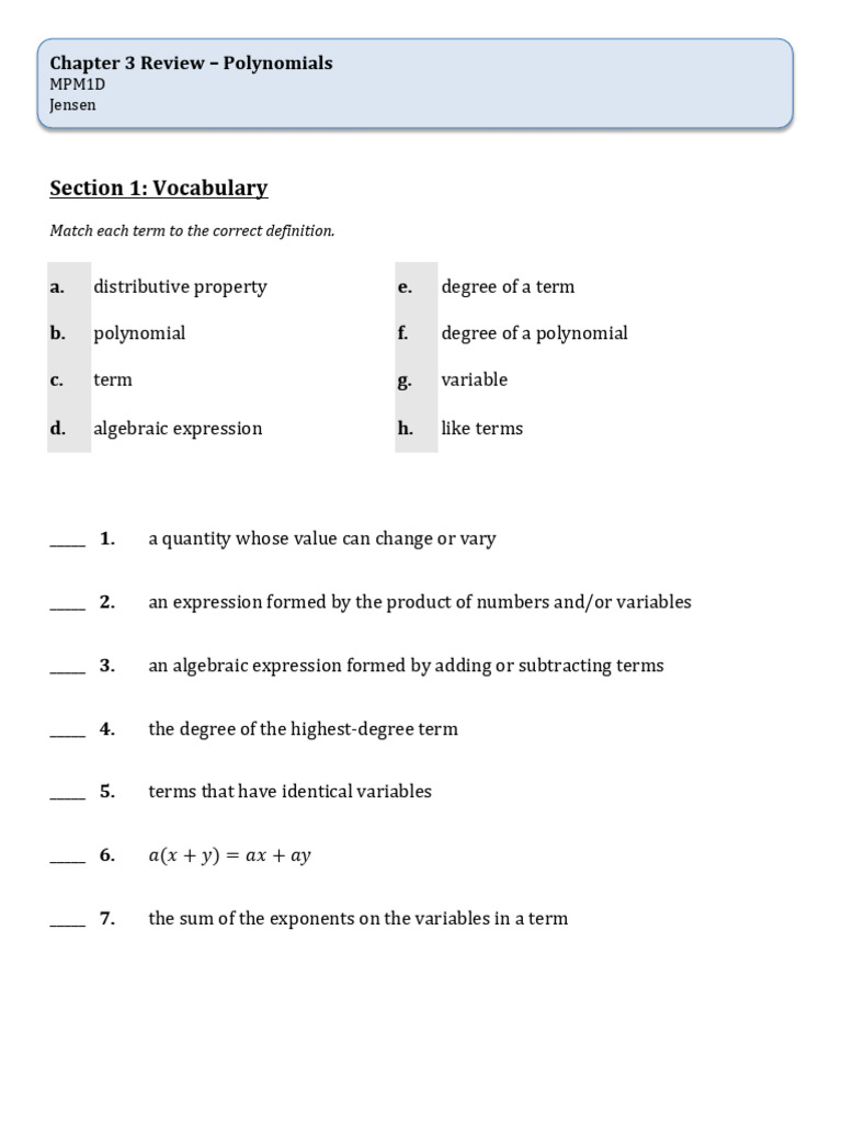 Polynomials Review and Exercises | PDF | Polynomial | Algebra