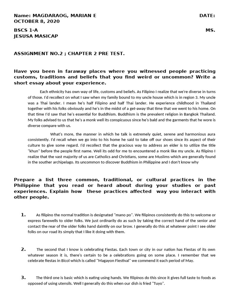 Magdaraog Marian Bscs1-A Assno.2 Pretest | PDF | Spirituality