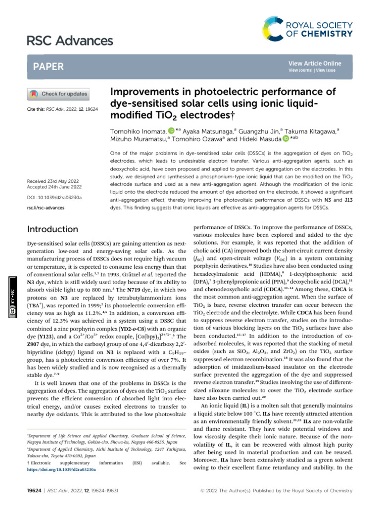 Improvements in Photoelectric Performance of Dye-Sensitised Solar Cells ...
