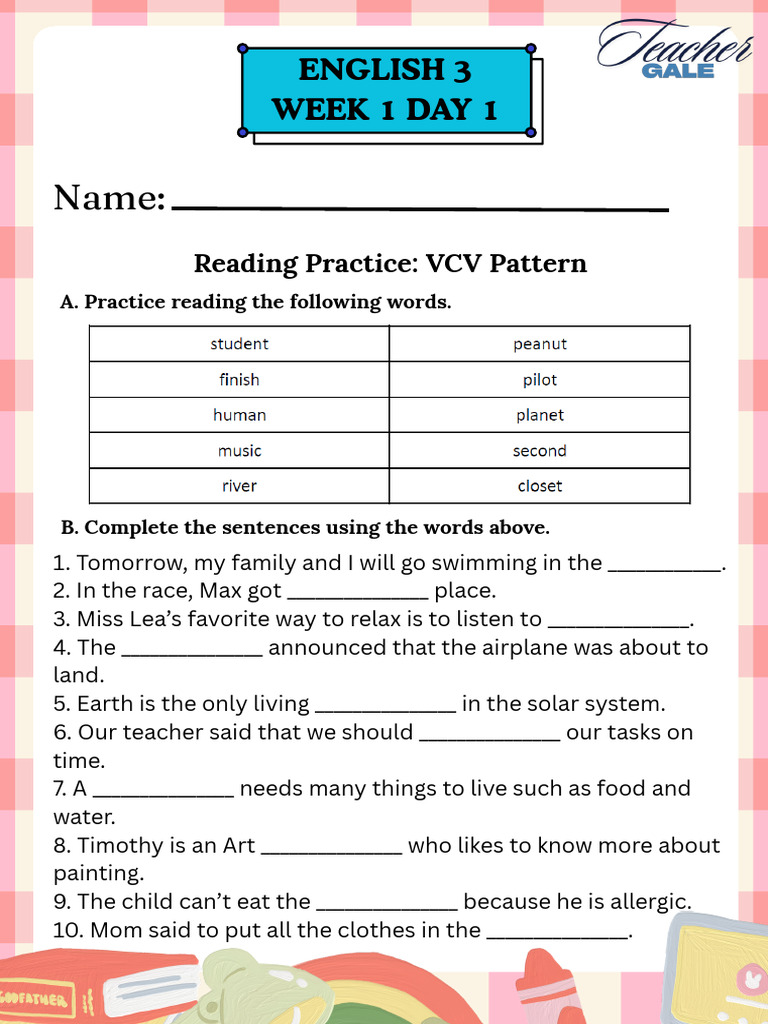 English 3: VCV & Pronouns Practice | PDF