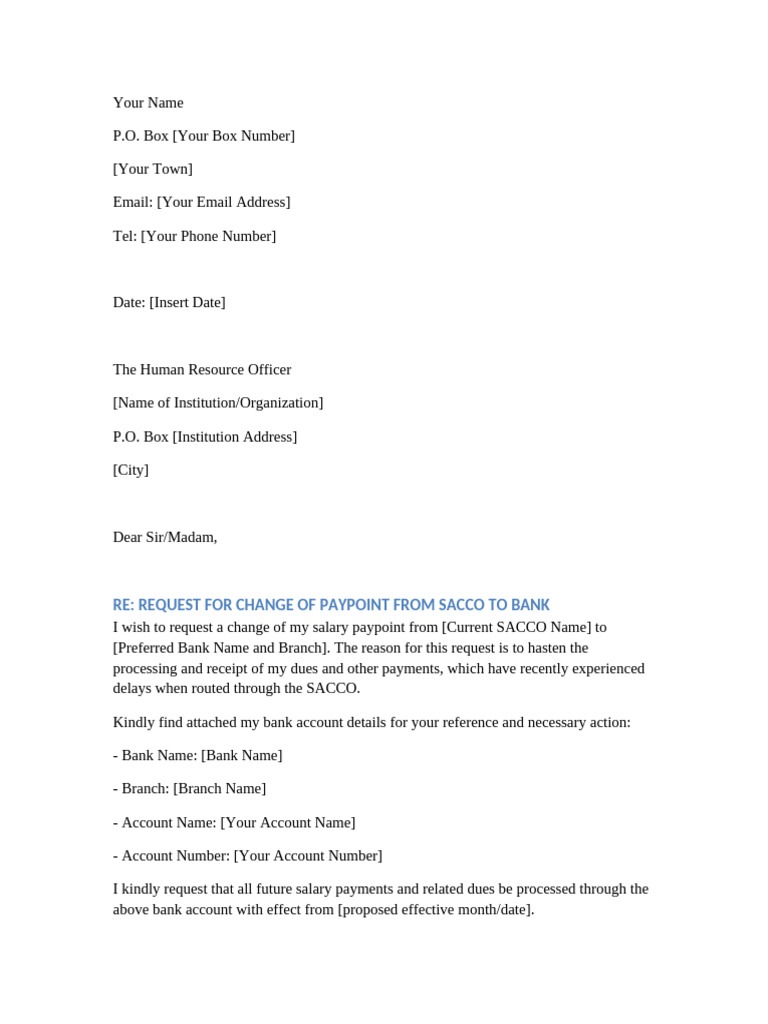 Request for Change of Paypoint From Sacco to Bank | PDF