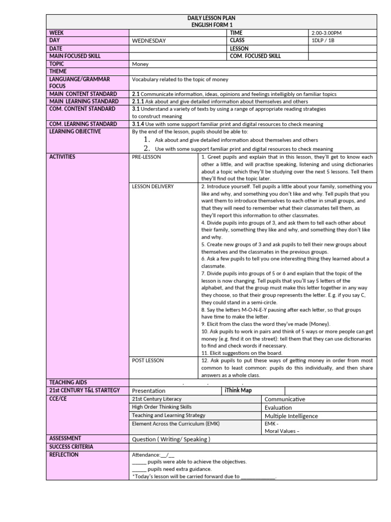 English Lesson Plan: Money Skills | PDF | Lesson Plan | Teachers