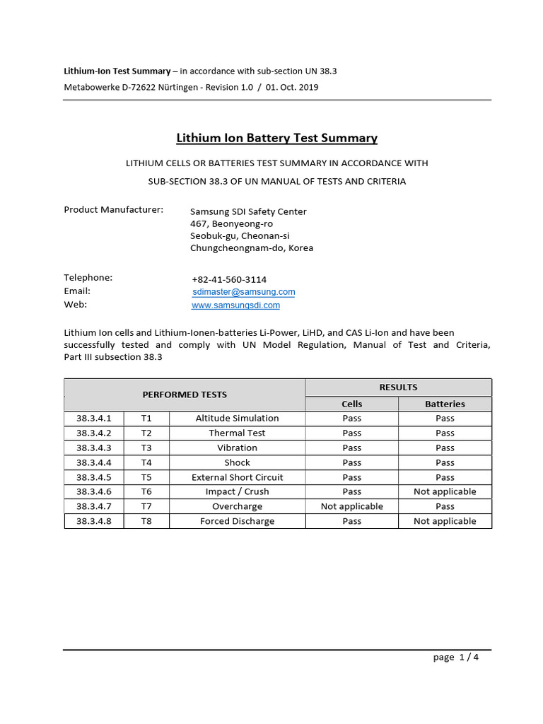 Test Summary Report 1431335 Samsung Nr18650 25r Non Standard Battery ...