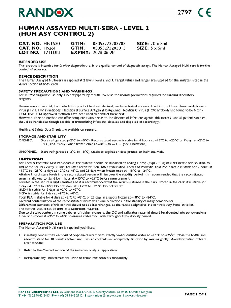 Human Assayed Multi-Sera Level 2 Control | PDF | Lactate Dehydrogenase ...