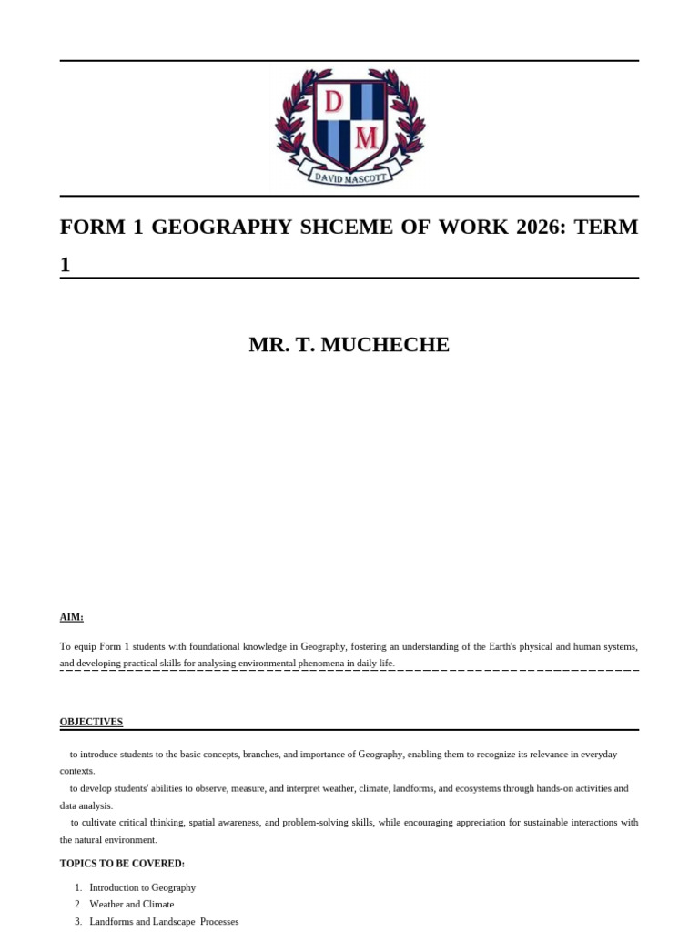 Form 1 Geography Scheme of Work 2026 | PDF | Geography | Precipitation