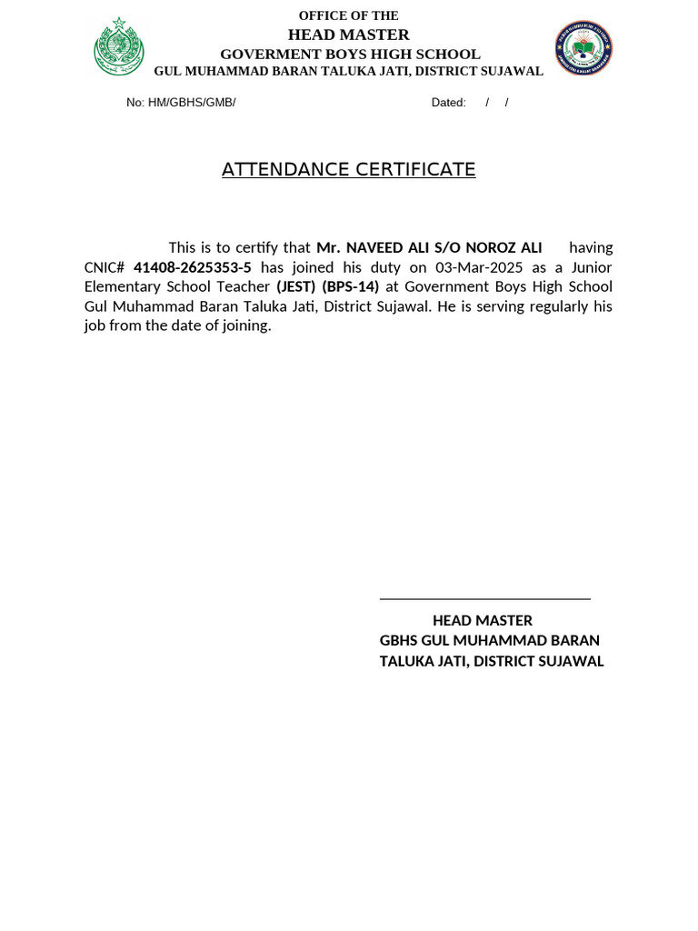 NAVEED ALI Attendance Letter | PDF