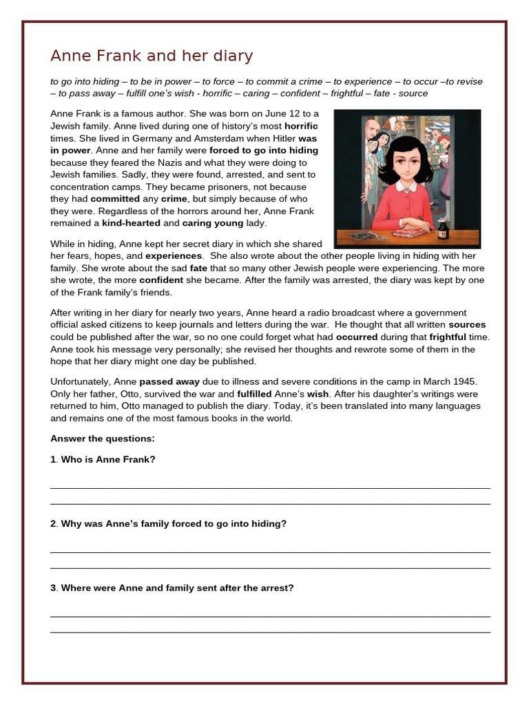 Anne Frank and Her Diary Reading Comprehension Exercises - 113475 | PDF ...