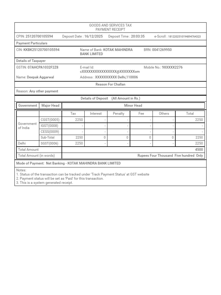 GST Payment Receipt for Deepak Aggarwal | PDF