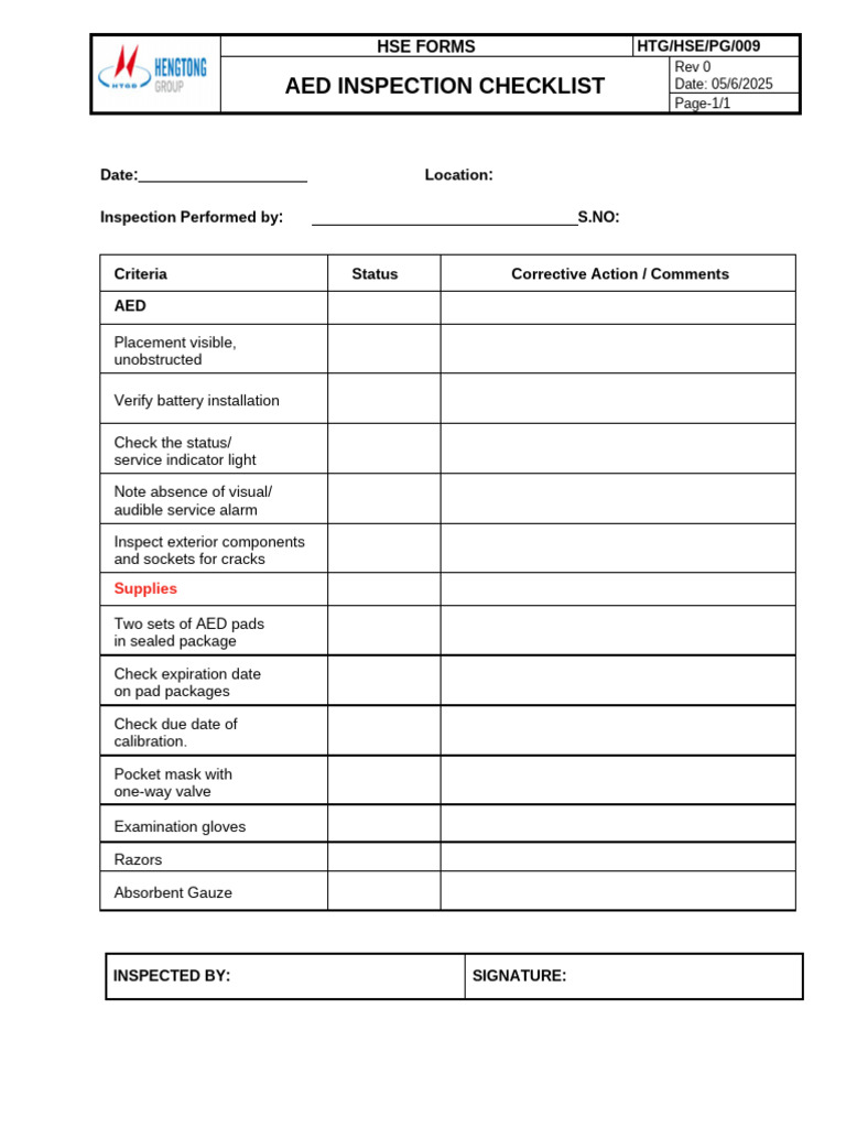 AED Inspection Checklist Form | PDF