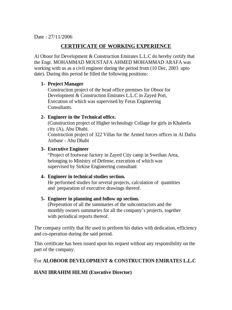 Certificate of Experience: Civil Engineer | PDF