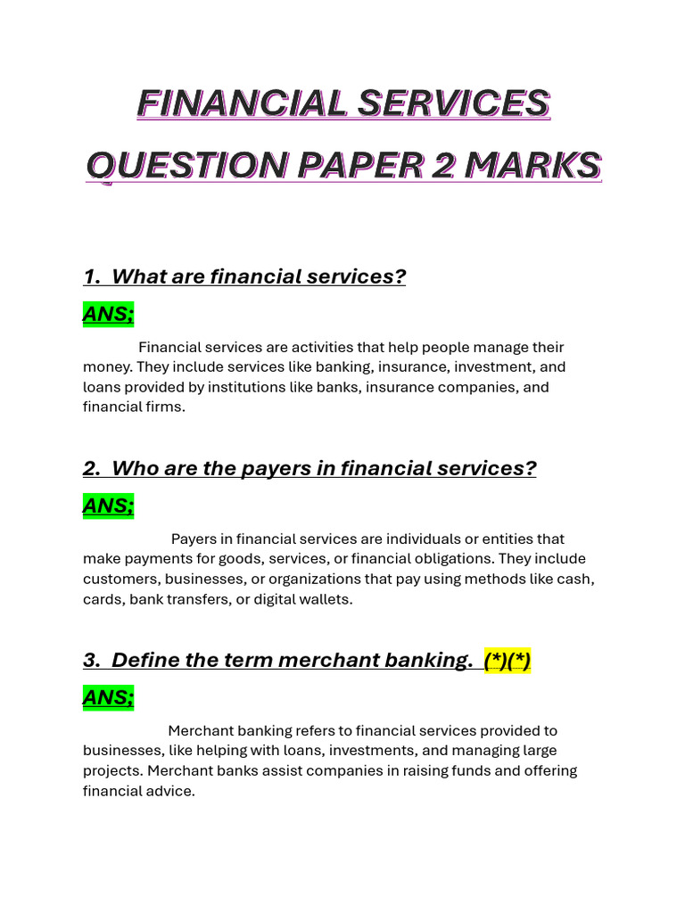 Financial Services Question Paper Two Marks | PDF | Factoring (Finance ...