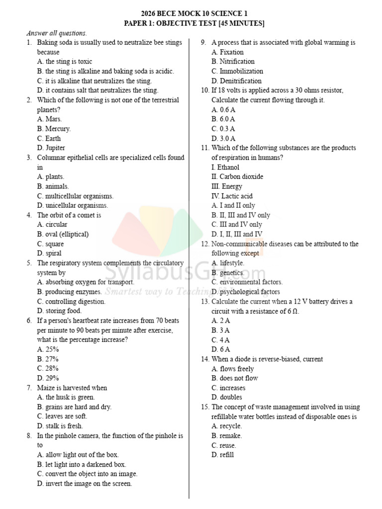 2026 BECE Mock Science Paper 1 | PDF | Chemical Bond | Heart