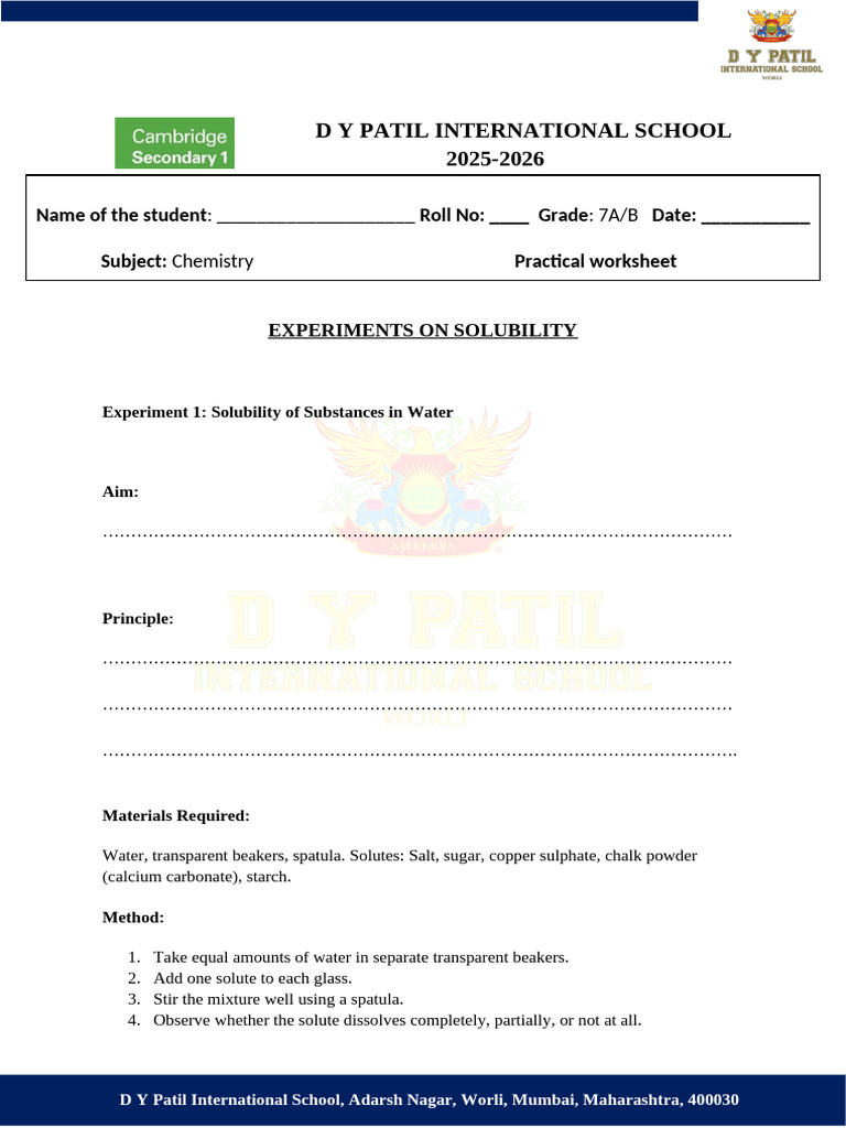 Experiments on Solubility Worksheet | PDF | Solubility | Chemistry