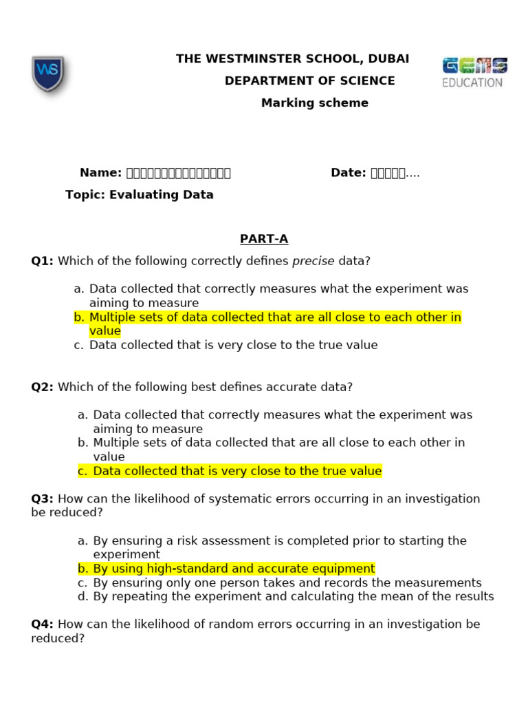 Evaluating Data Answerkey Sci Yr7 | PDF | Observational Error | Experiment