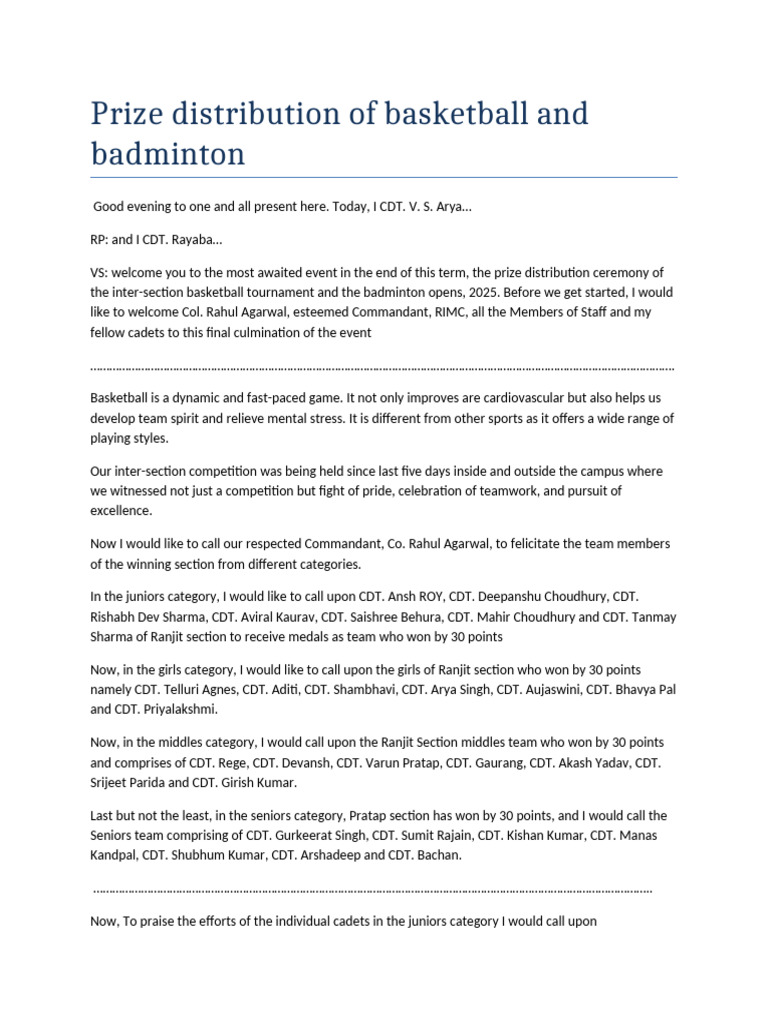 Prize Distribution of Basketball and Badminton | PDF