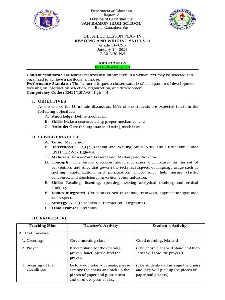 Grade 11 Lesson Plan: Mechanics in Writing | PDF | Planets | Letter Case