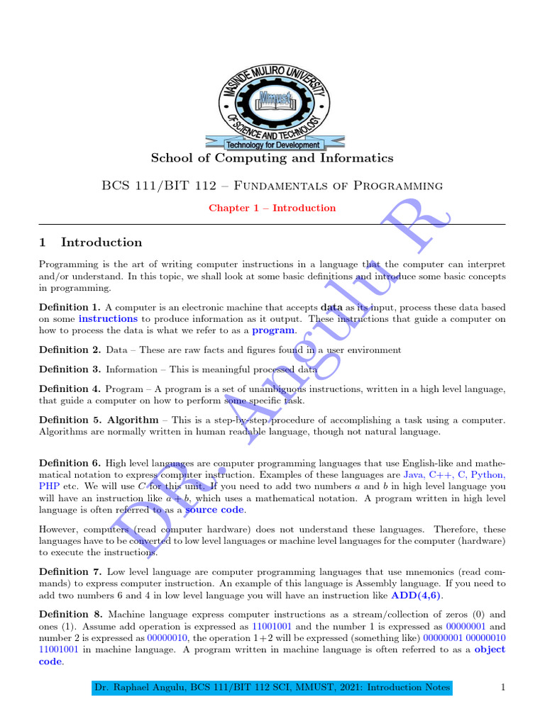 BCS 111-BIT 112-Chapter 1 Introduction | PDF | Source Code | Computer ...