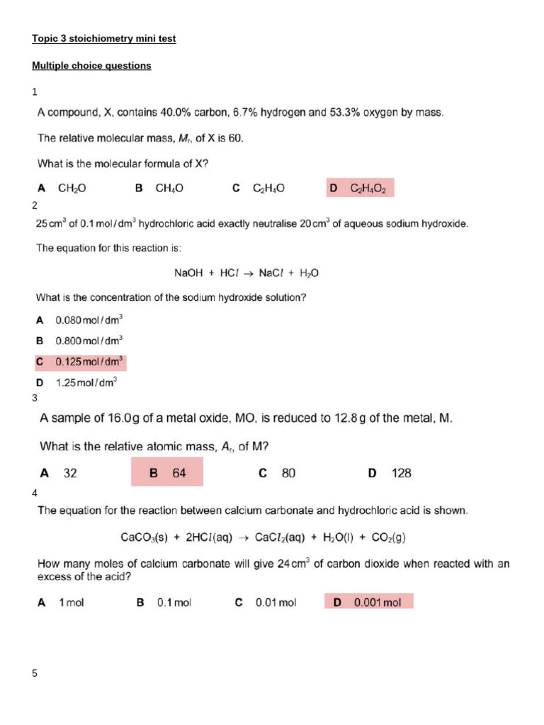 Stoichiometry Mini Test Questions | PDF