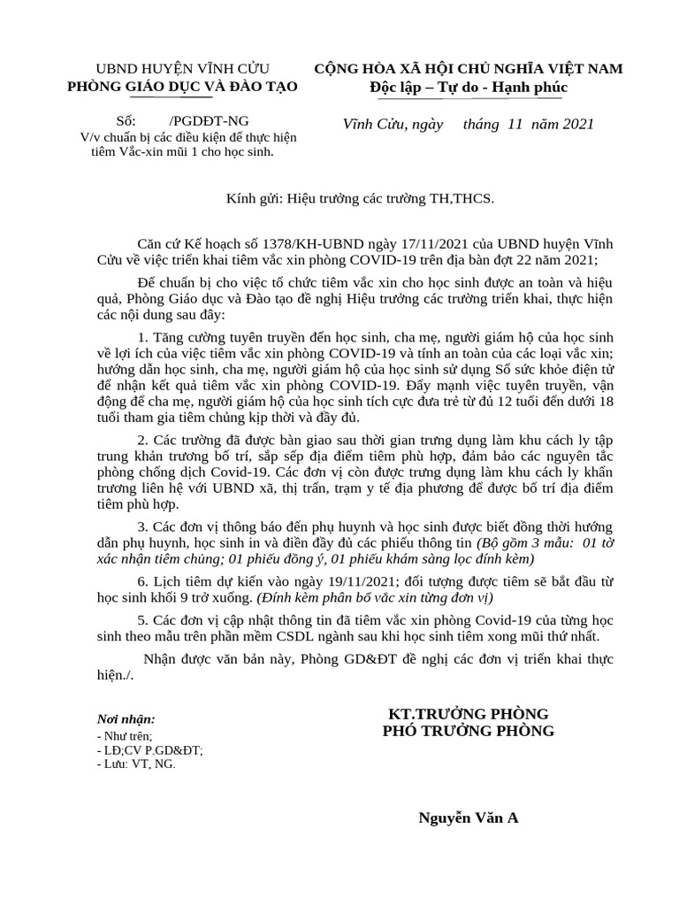 VB Chuẩn Bị Các Điều Kiện Tiêm Vắc Xin Mũi 1 Cho Học Sinh | PDF
