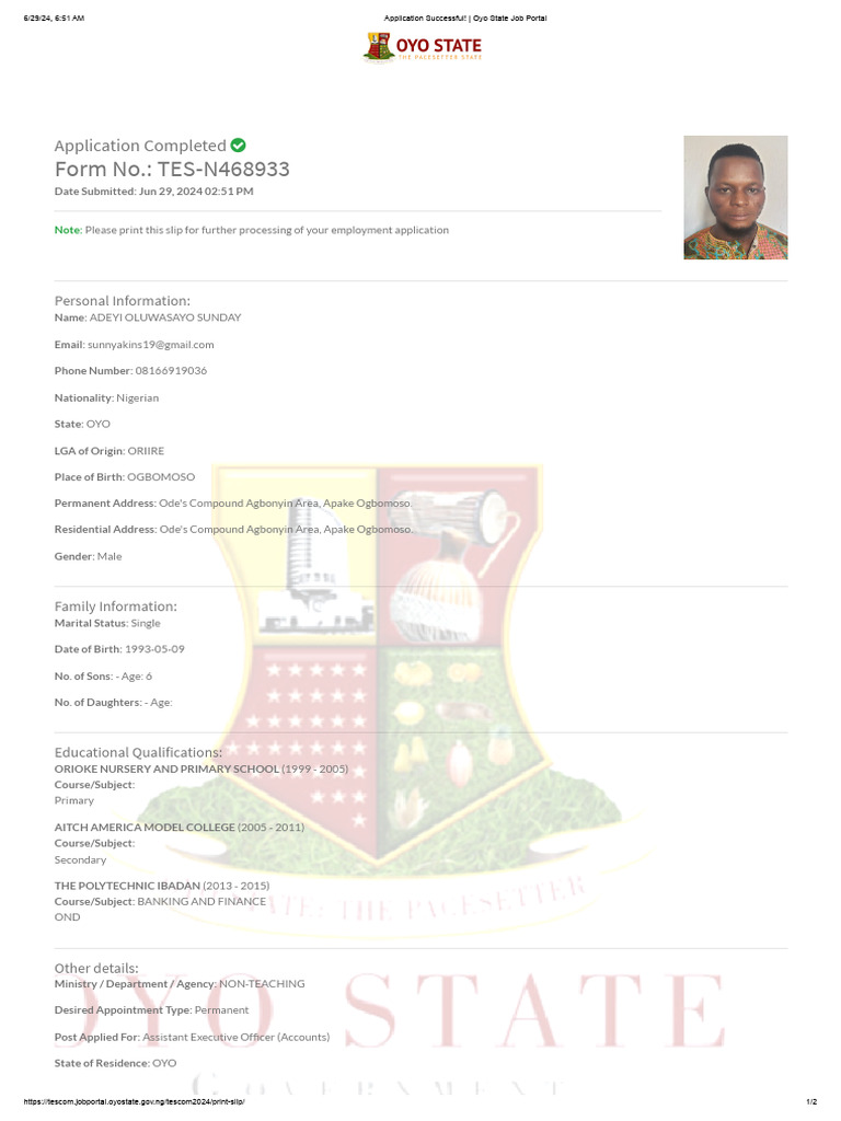 Oyo State Job Application Confirmation | PDF