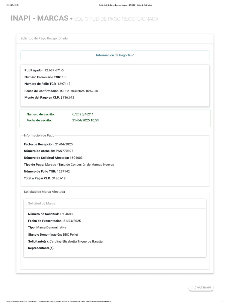 Confirmación de Pago Tasa Marca INAPI | PDF