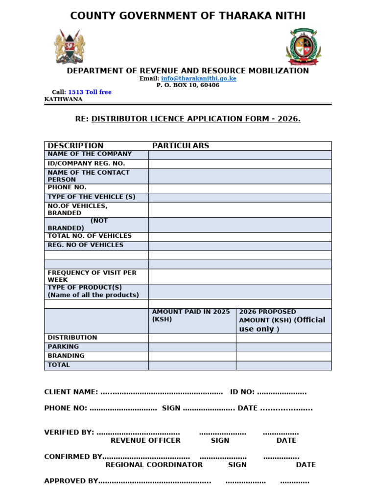 Tharaka Nithi Distributor License Form 2026 | PDF