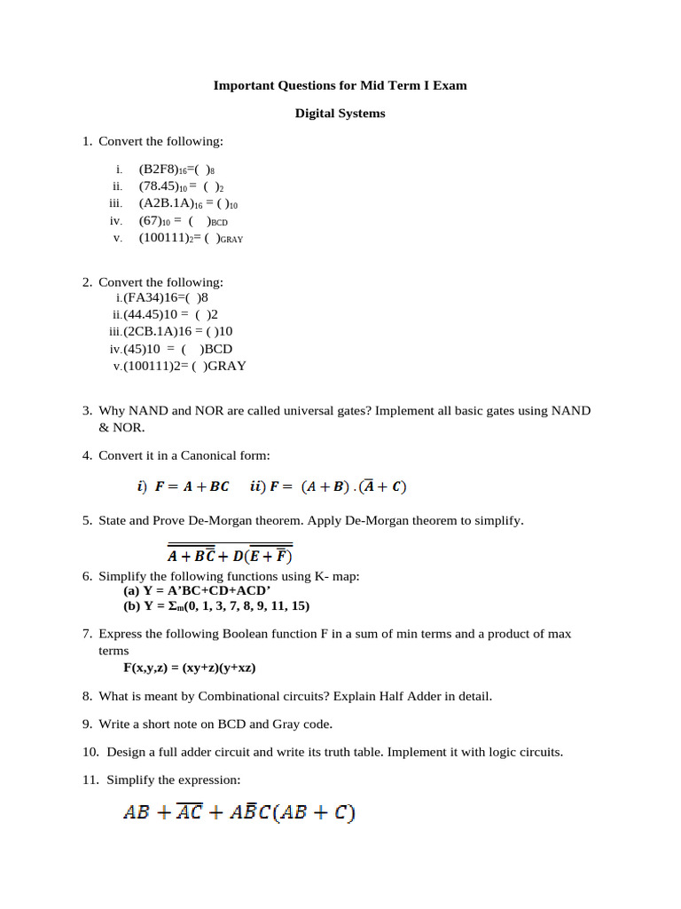 Mid Term I Exam Questions: Digital Systems | PDF