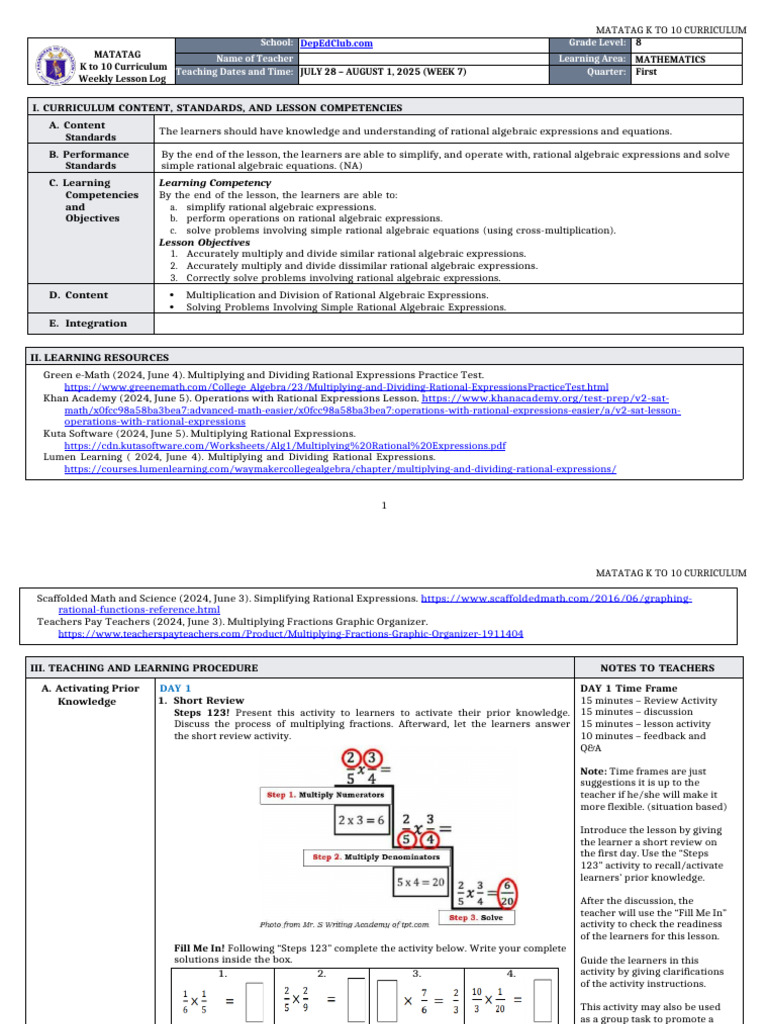 Grade 8 Math: Rational Expressions Lesson | PDF | Multiplication ...