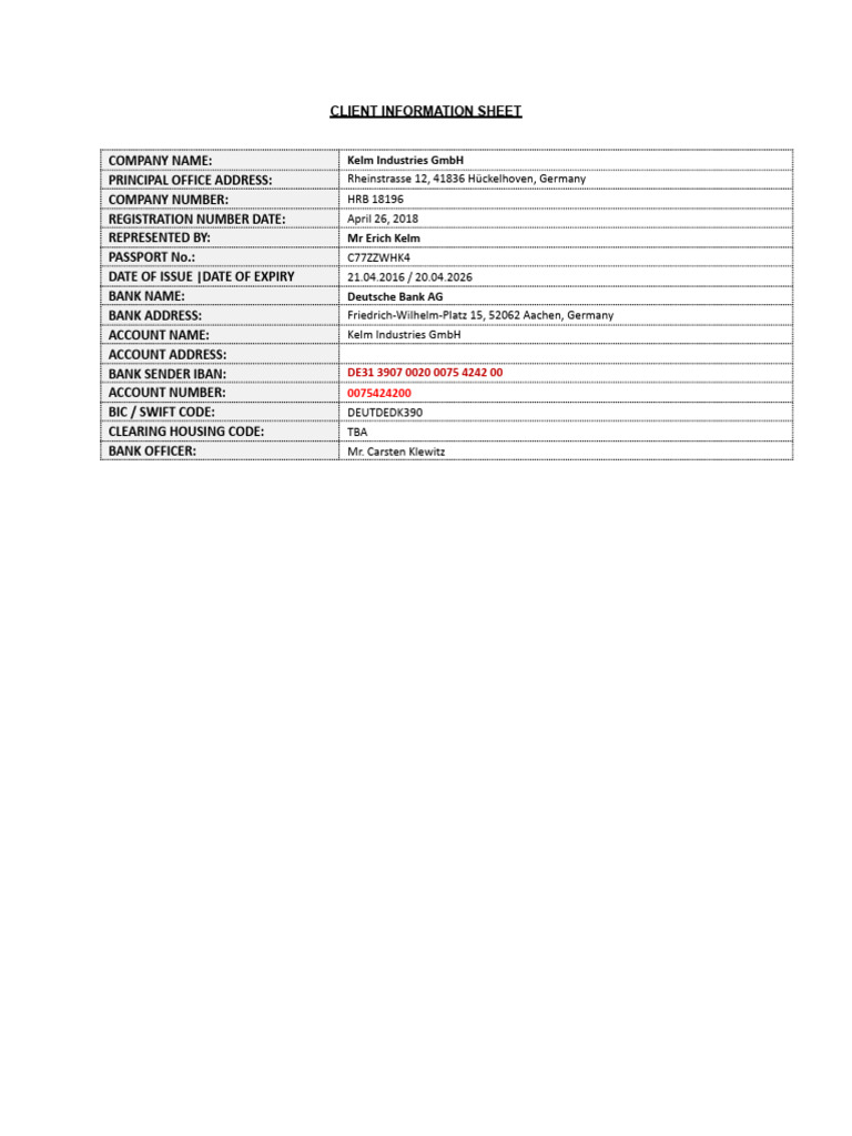 Kelm Industries GmbH Client Info Sheet | PDF
