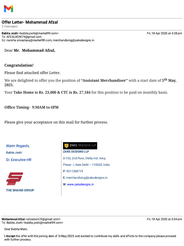 Gmail - Offer Letter - Mohammad Afzal | PDF