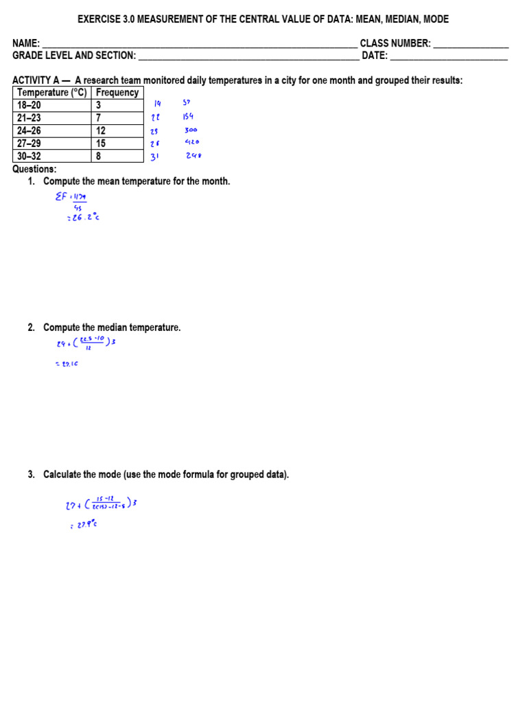 Exercise 3.2 Measurement of The Central Value of Data Mean, Median ...